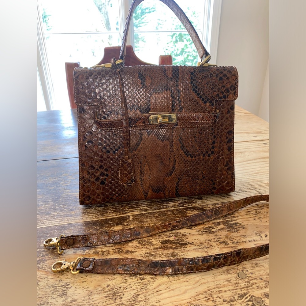 Vintage Genuine Brown & Black Snake Skin Python Kelly… - Gem